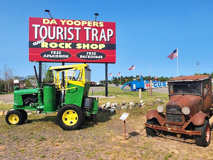 "Da Yoopers Tourist Trap" sign promises exactly what it delivers&mdash;a gloriously kitschy Upper Peninsula experience with "FREE BATHROOMS" as the ultimate luxury.
