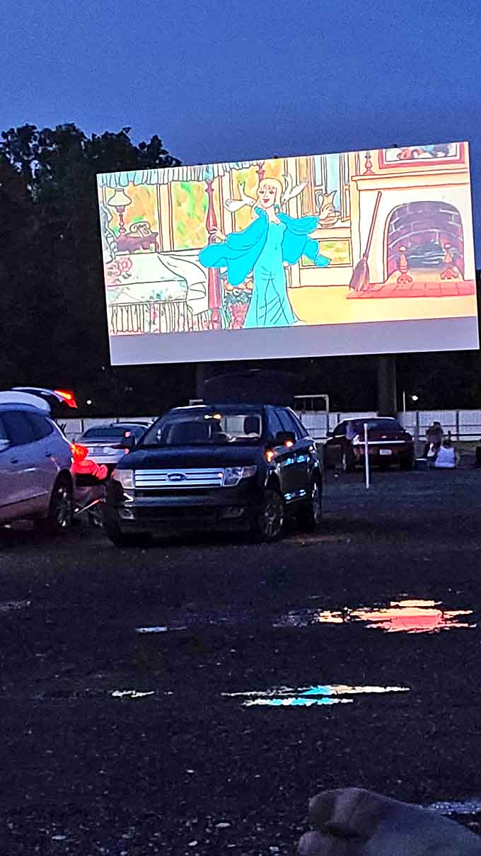 Animated features look particularly magical on the massive outdoor screen, their colors popping against the darkening sky as families watch in wonder.