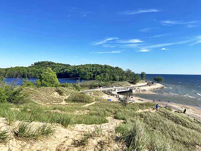 The park's unique geography creates a natural playground where Lake Michigan's vastness meets Duck Lake's intimate charm.