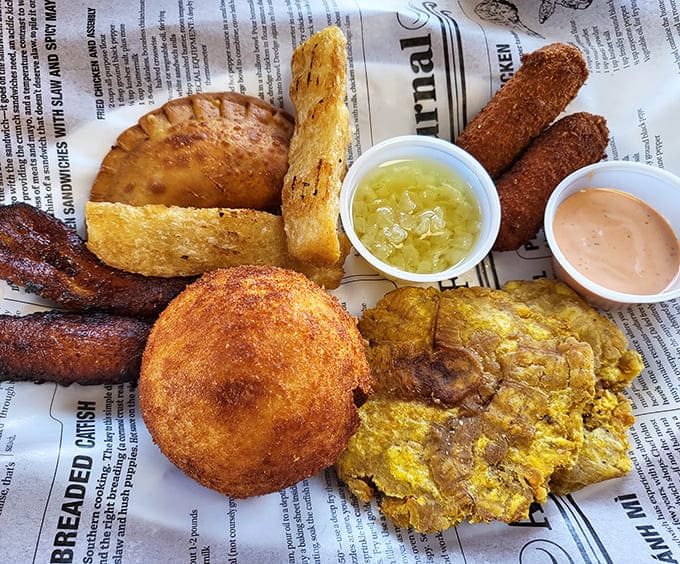 A fiesta of flavors – this sampler platter offers a delicious education in Cuban street food favorites, each with its own dipping sauce.