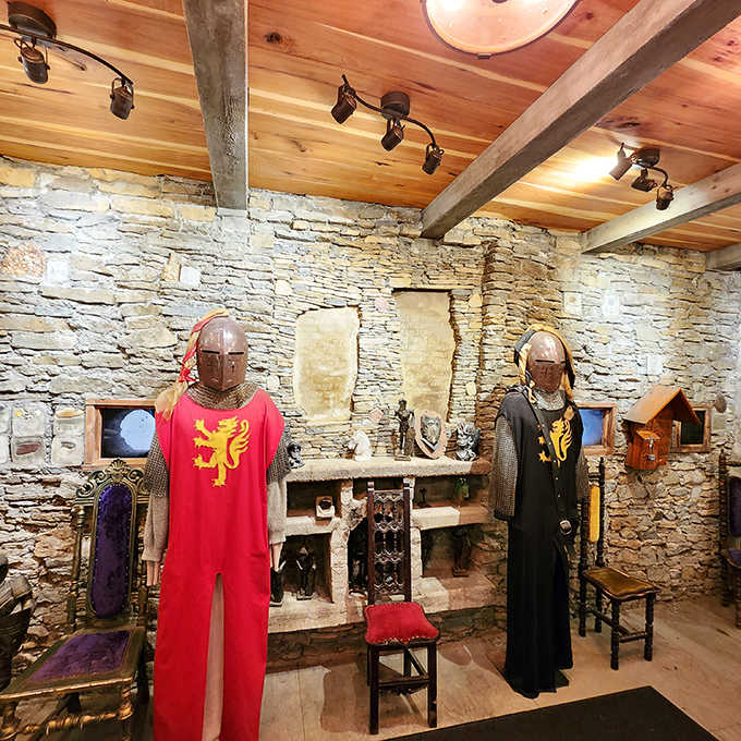 These silent sentinels in chain mail and heraldic tabards stand ready to defend their stone fortress against all comers.