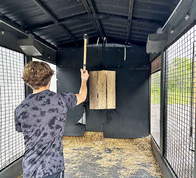 Axe throwing brings primal satisfaction as the solid "thunk" of steel meeting wood signals a perfect release and a hit target.