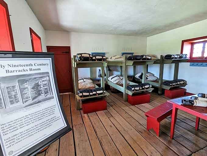 Soldiers' accommodations were the original "minimalist living" – simple bunks, shared spaces, and personal items limited to a single trunk.