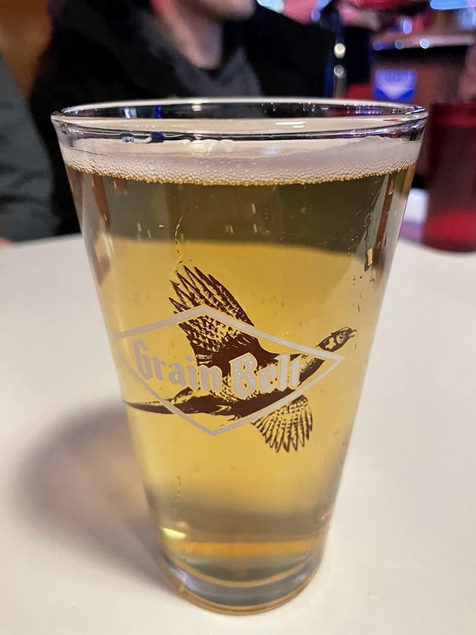 A cold Grain Belt beer, the perfect Minnesota companion to wash down that legendary Jucy Lucy.