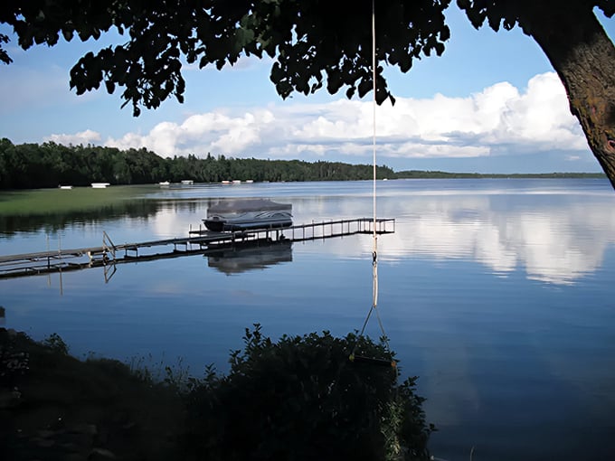The quintessential Minnesota lake view: Deer Lake's pristine waters reflect towering pines under a perfect blue sky.