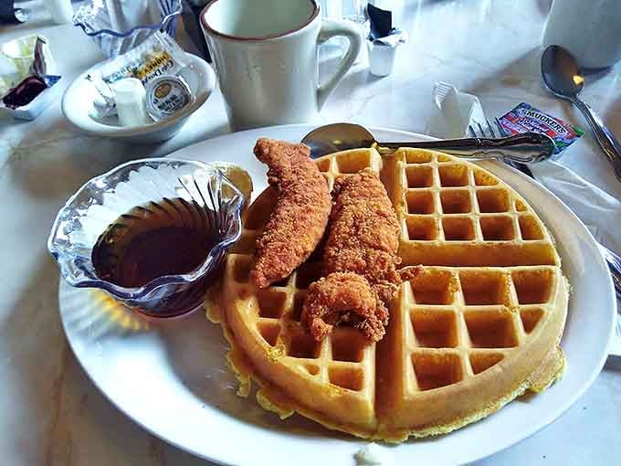 Chicken and waffles: where crispy meets fluffy in a sweet-savory romance that makes taste buds swoon with every bite.