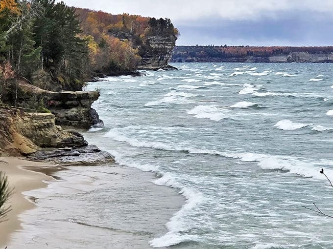 Lake Superior's moods change by the minute – from glass-calm turquoise to wild whitecaps, all against the backdrop of ancient sandstone cliffs.