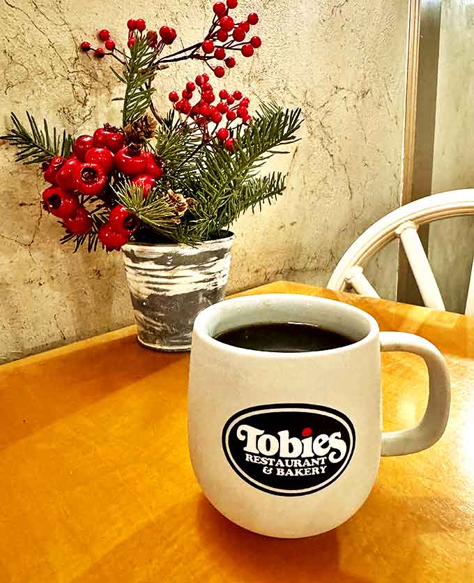 Coffee at Tobie's comes in sturdy mugs that say, "We understand you need proper caffeine for the journey ahead, not some fancy nonsense."