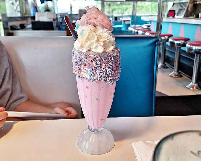 The cotton candy milkshake looks like it was designed by unicorns &ndash; a pastel fantasy rimmed with sprinkles and topped with a tuft of cotton candy.