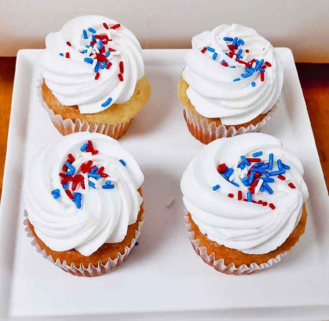 These cupcakes with their patriotic sprinkles look ready for a Fourth of July party, or really any day when you need a little celebration in edible form.