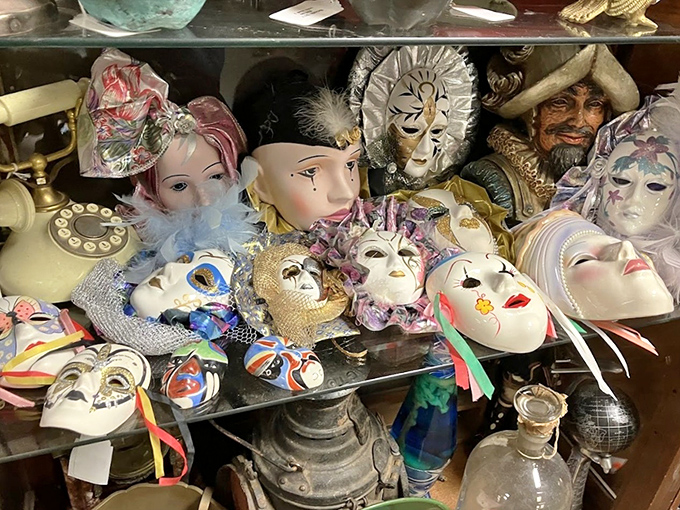Theatrical masks create an artful display of emotion and craftsmanship &ndash; silent faces with stories to tell from performances long concluded.