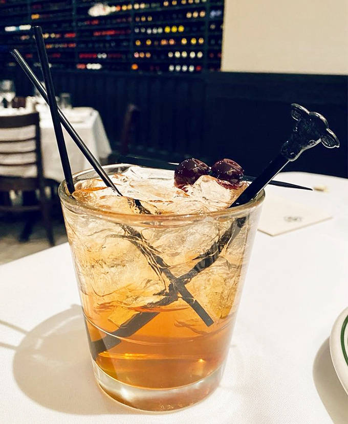 Not just any cocktail &ndash; a proper adult beverage with garnishes that mean business, perfect for washing down premium beef.