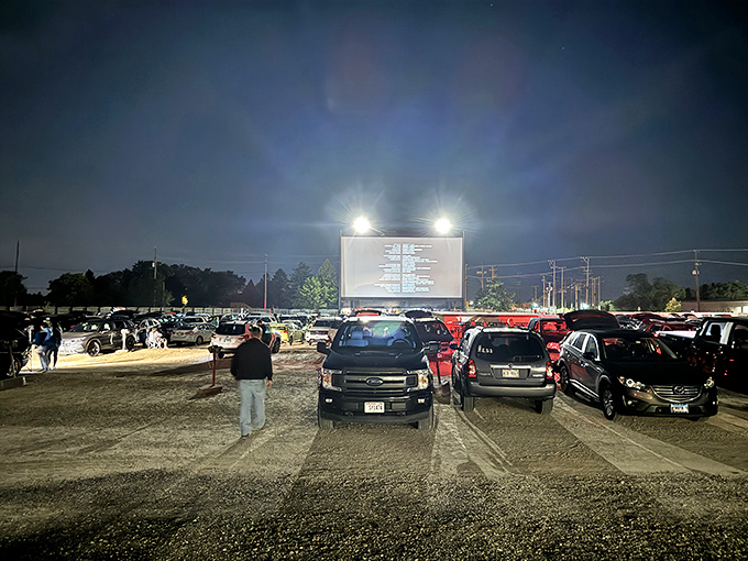 Night falls and headlights dim as the massive screen illuminates rows of expectant moviegoers in their automotive theater boxes.