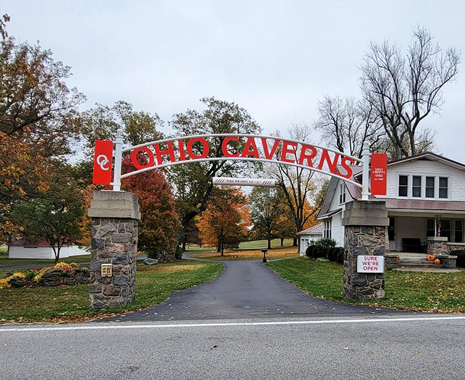 The iconic Ohio Caverns entrance arch welcomes explorers to descend into one of the state's most spectacular natural attractions.