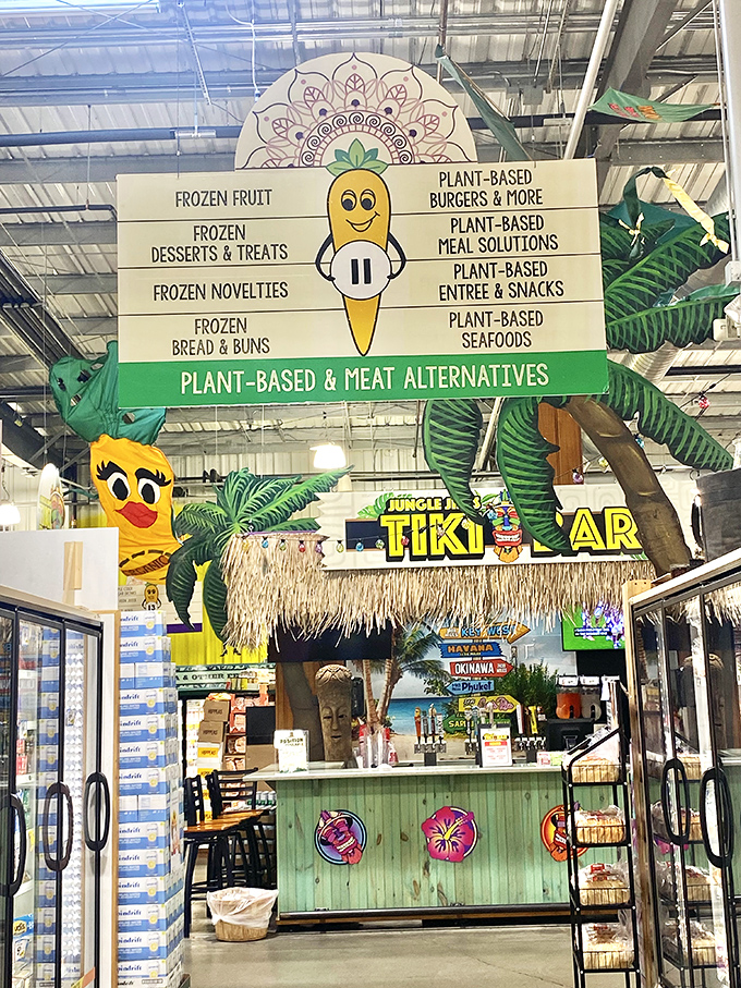 Plant-based paradise awaits in the frozen section, where even the signage has personality and a smiling carrot guides your way.