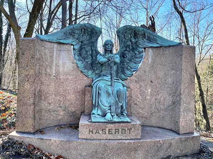 The Haserot Angel, officially "The Angel of Death Victorious," appears to weep bronze tears after a century of weathering.