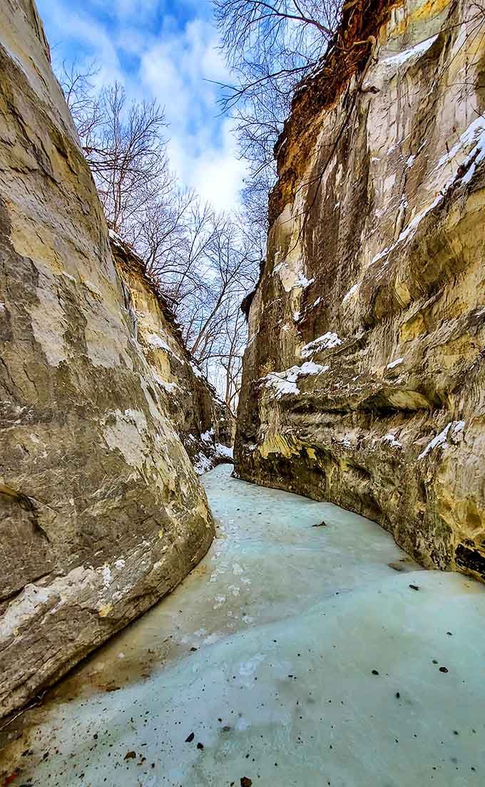 Towering rock walls frame a sliver of sky, creating a natural corridor that feels like stepping into Earth's own art gallery.