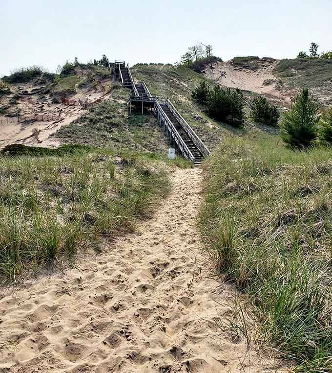 Summer at Laketown Beach means wooden stairs weathered by countless flip-flops leading to that perfect spot where dune meets shore.