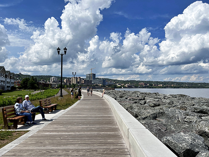 The Lakewalk boardwalk invites leisurely strolls along Superior's rocky shore, where city meets wilderness in perfect harmony.