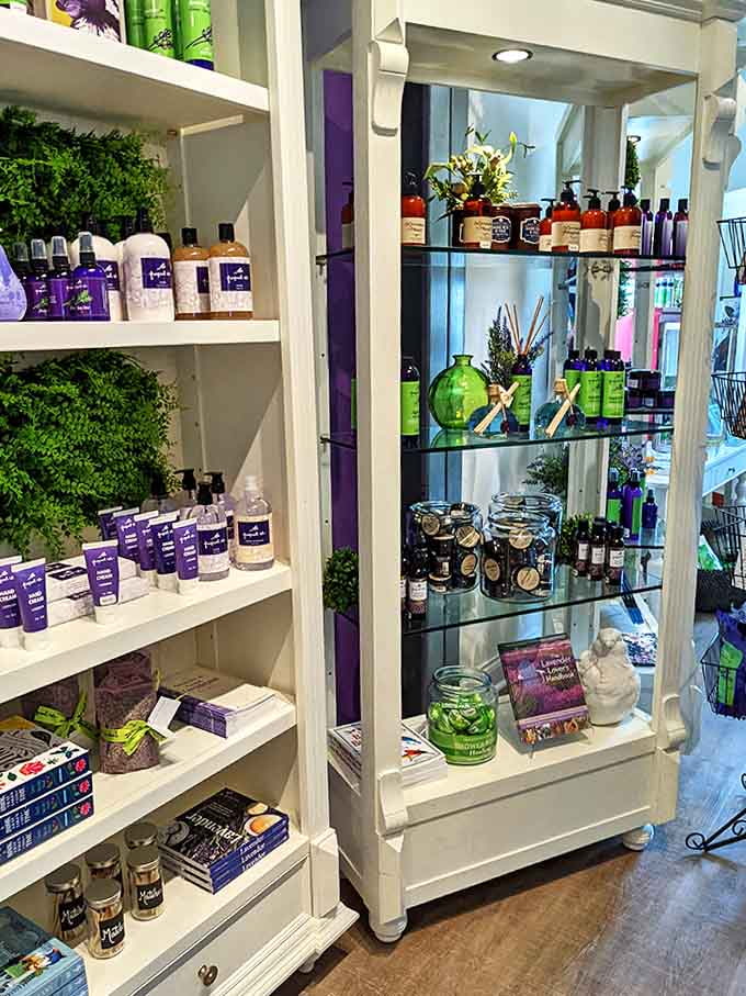 Glass cabinets showcase lavender in all its forms – from oils to soaps – like a museum where touching is not only allowed but encouraged.