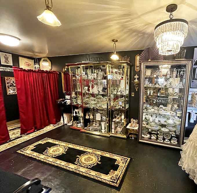 Le Vintage Rose Antique Mall transforms treasure hunting into an elegant experience, with crystal chandeliers illuminating carefully curated collections.