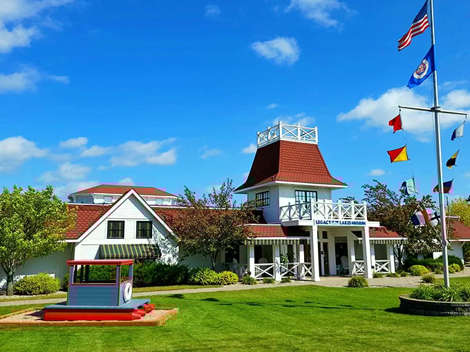 The Legacy of the Lakes Museum's distinctive architecture combines lakeside charm with elegant design, housing treasures of Minnesota's boating heritage.
