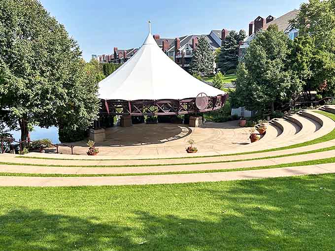 The Maetzold Amphitheater stands like a billowing sail against the sky, ready to capture summer melodies and send them dancing across the water.