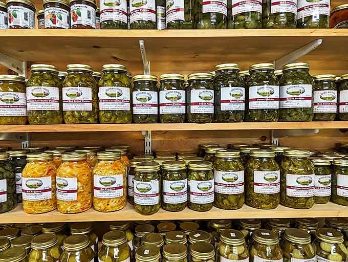 Mason jars filled with pickled vegetables showcase the Amish tradition of preservation, where nothing goes to waste and flavors intensify with time.