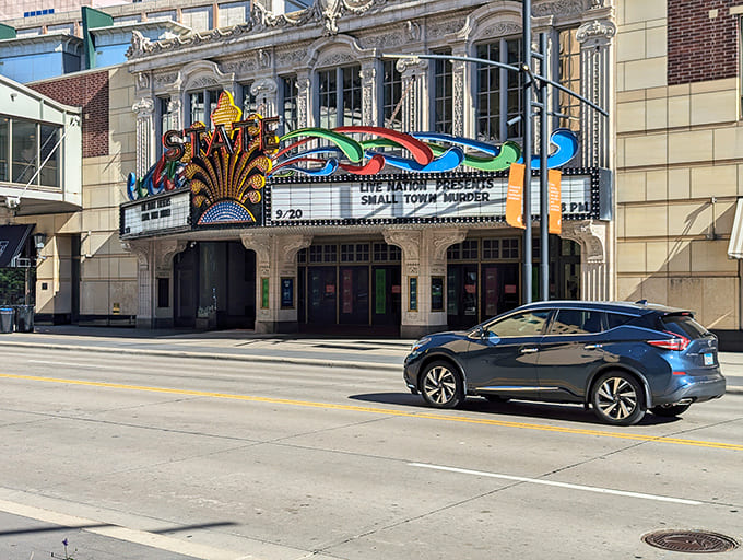 Even in daylight, the State Theatre's façade stands as a proud reminder of an architectural era when buildings were designed to inspire awe.
