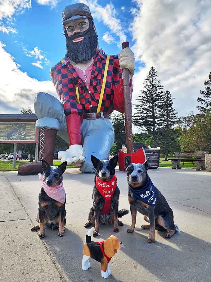 Even the four-legged visitors seem impressed by Paul's stature, posing obediently beneath the folklore giant's watchful gaze.