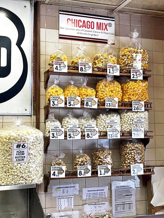 The legendary Chicago Mix popcorn display showcases Candyland's signature blend of caramel and cheese popcorn that's become a Minnesota must-have.