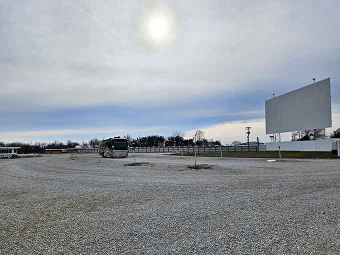 The expansive grounds of Sky View Drive-In await the evening crowd, a field of possibilities under the open Illinois sky.