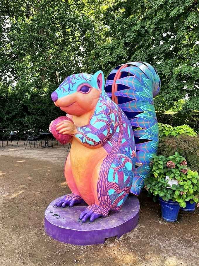 Scamp the squirrel sits ready to greet visitors with colors so vibrant they make regular squirrels look positively drab by comparison.