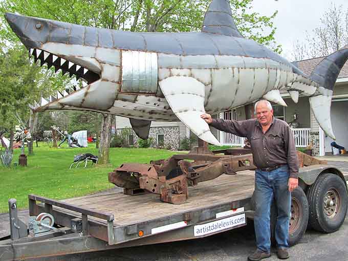 Jaws drops indeed! This metallic shark seems ready to swim through grass instead of water, its sleek form gleaming in the sunlight.