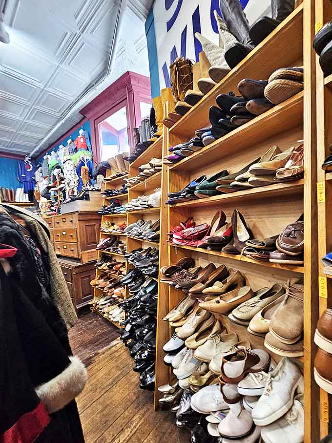 Footwear fantasies come true among these wooden shelves, where decades of design innovation stand at attention, ready for their next dance.