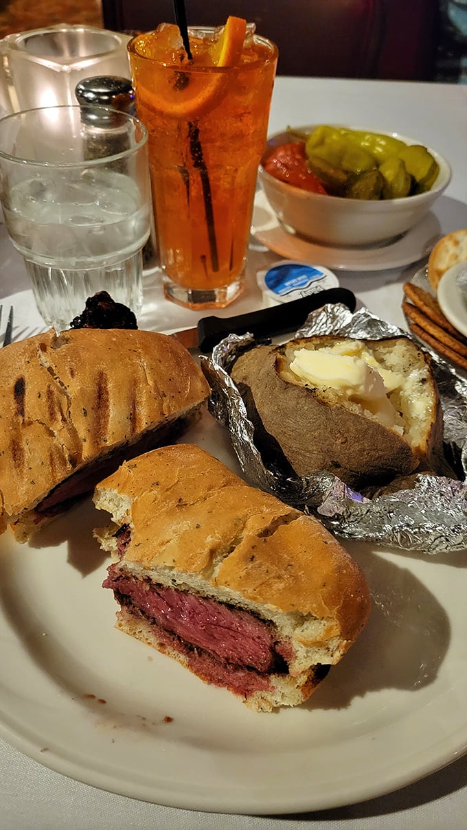 The legendary steak sandwich with a loaded baked potato &ndash; lunch that makes afternoon meetings much more bearable.