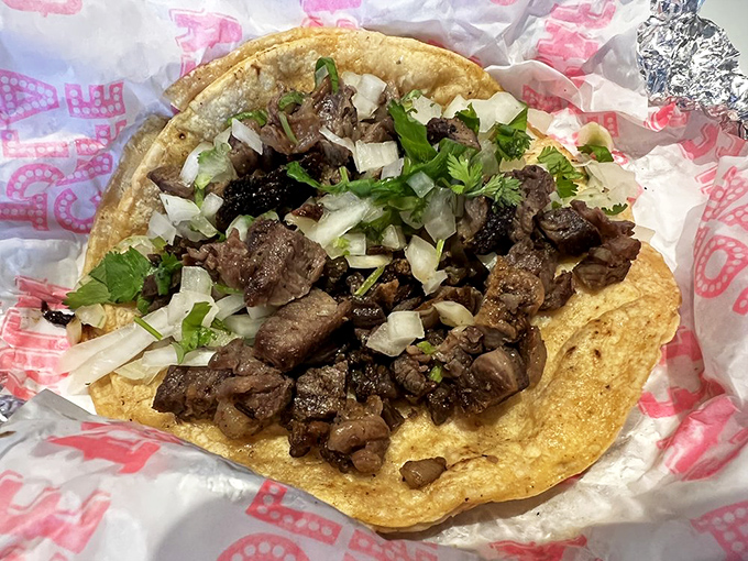Street food elevated! These steak tacos feature tender meat, fresh cilantro, and diced onions &ndash; simple ingredients transformed by expert hands.
