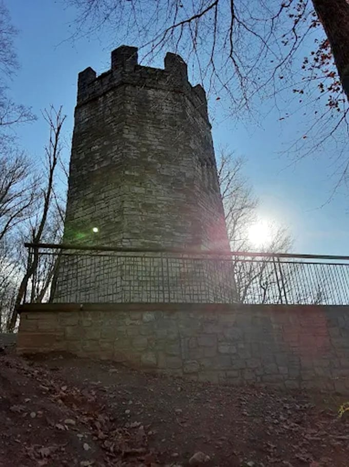Golden hour casts magical light across the valley, as seen from the tower's vantage point &ndash; Cincinnati's hidden sunset spot.