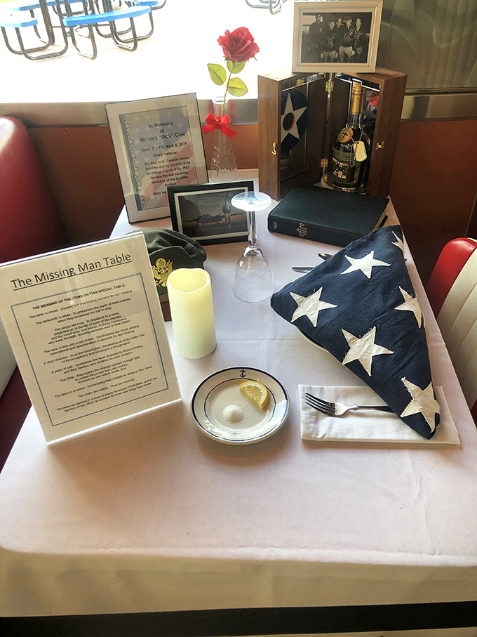 The Missing Man Table stands as a solemn tribute to military personnel missing in action or prisoners of war &ndash; a heartfelt reminder amid the diner's cheerful atmosphere.