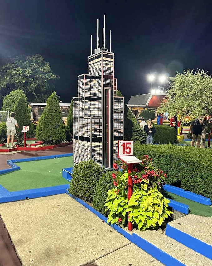 Chicago's iconic skyline, shrunk down to golf-ball size. The views are smaller, but the challenge is just as towering.