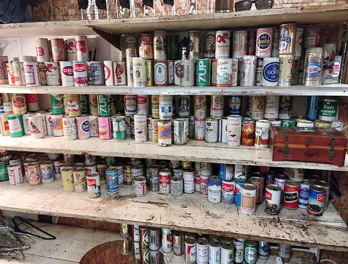This beer can collection represents breweries that have long since closed, each one a tiny aluminum time capsule.