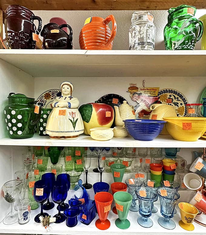 Colorful Depression glass and vintage pottery create a rainbow of nostalgia &ndash; these weren't just dishes, they were the backdrop to family stories.