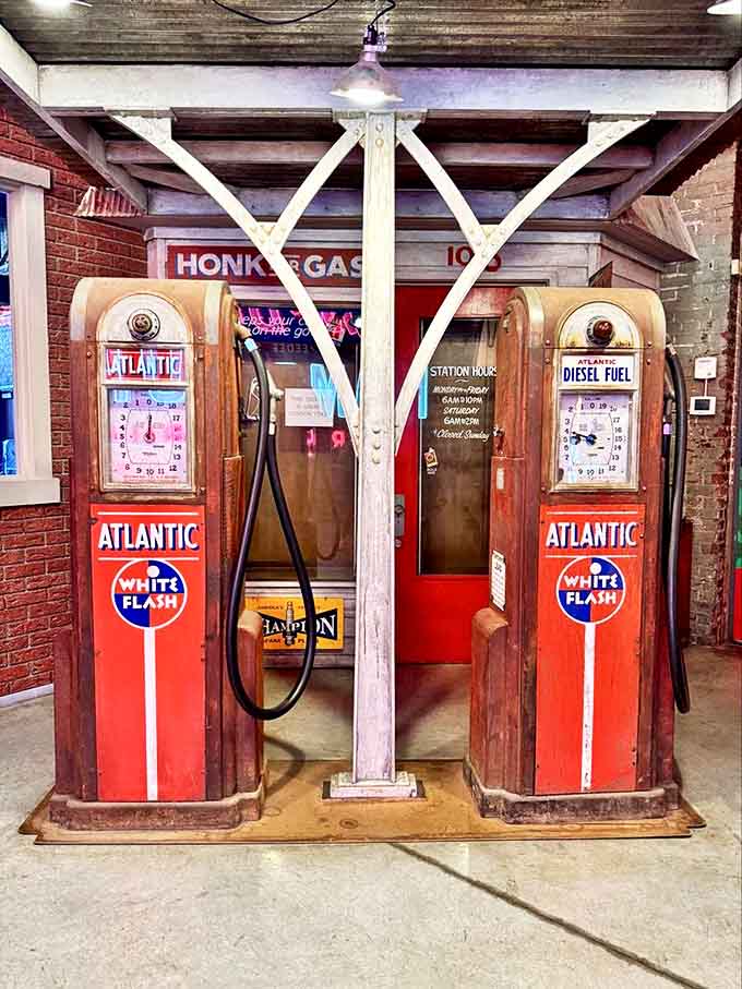 These gleaming pumps once dispensed White Flash gasoline to chrome-finned beauties, back when service stations actually offered service.
