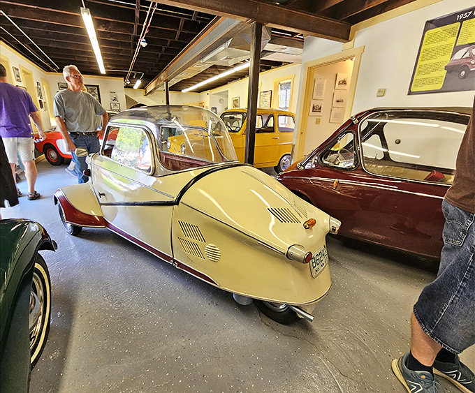 This cream and burgundy Messerschmitt looks like a torpedo with ambitions &ndash; the automotive equivalent of a pencil eraser that decided to go racing.