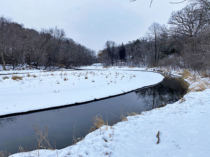 Winter's monochromatic beauty transforms the landscape, where a dark ribbon of water cuts through snow-blanketed banks.