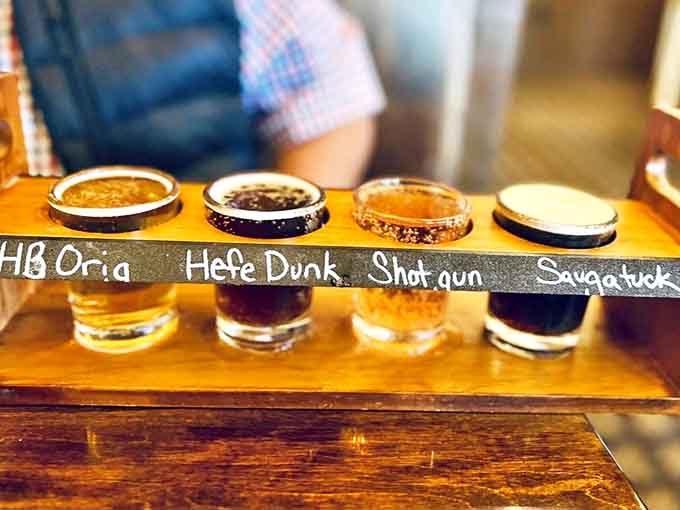A flight of liquid gold: sample local brews while deciding which pairs best with the parade of comfort food heading your way.