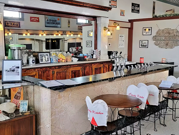 Pull up a stool at the authentic soda fountain bar where generations once gathered for malts and gossip &ndash; now it's all yours!