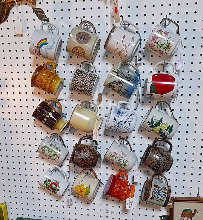 This pegboard display of ceramic mugs offers a rainbow of options for your morning coffee ritual, from whimsical designs to geometric patterns.