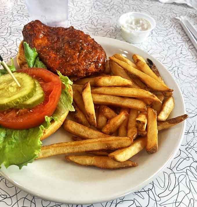 This chicken sandwich means business, with crispy coating and fresh toppings that make the accompanying fries almost an afterthought.