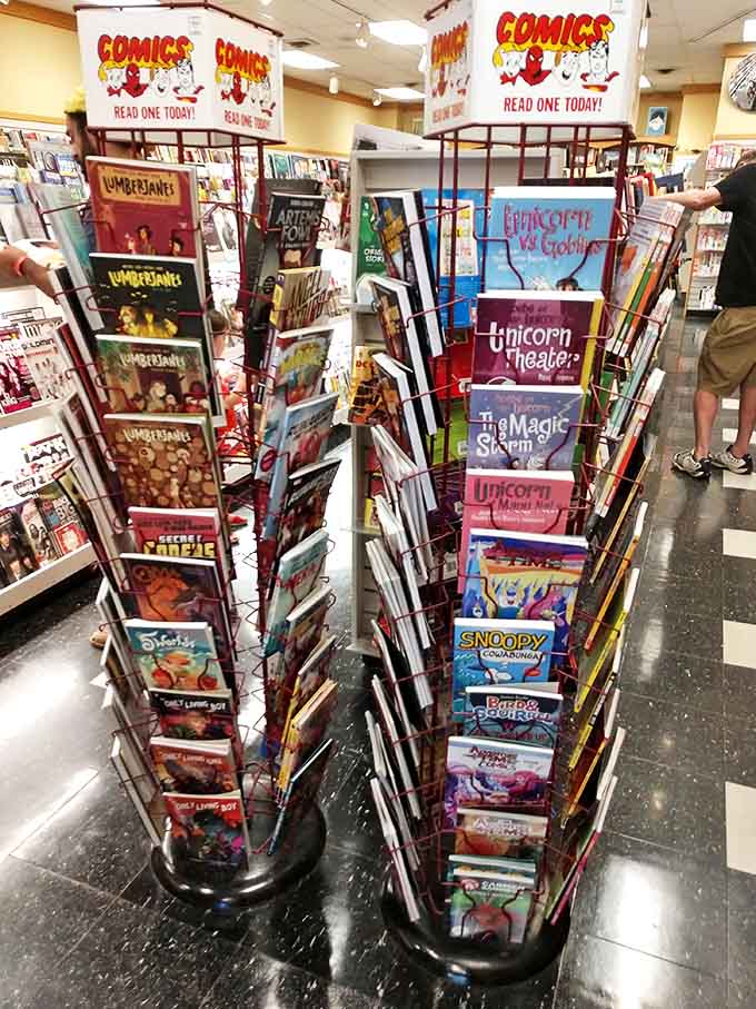 Comic book spinners create a carousel of illustrated adventures, where superheroes and indie characters compete for attention in a riot of color.